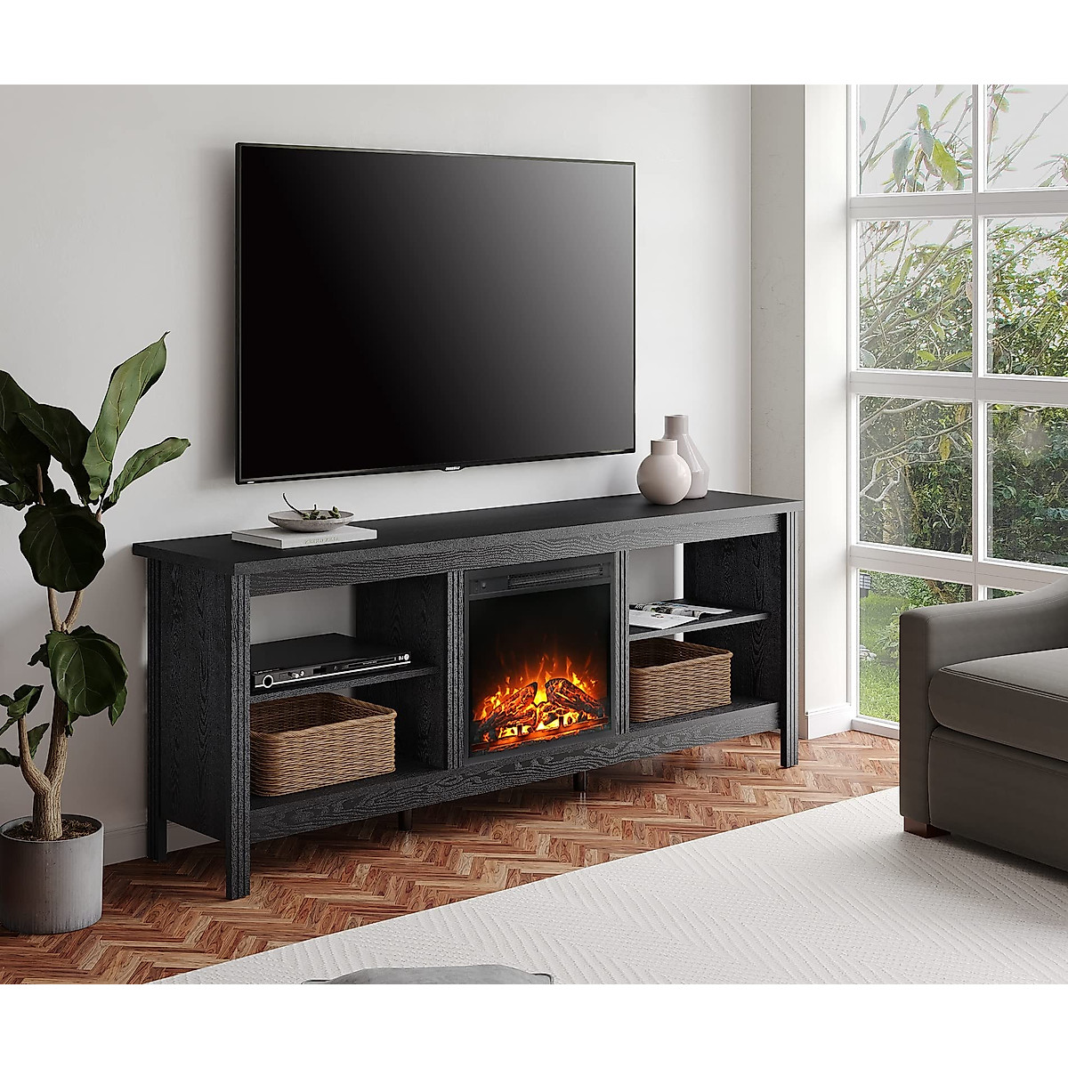 WAMPAT Fireplace TV Stand 75 inch, Electric Fireplace Entertainment Center for 80 inch TV, Farmhouse Wood Media Storage TV Console Table for Living Room Bedroom Office, Black