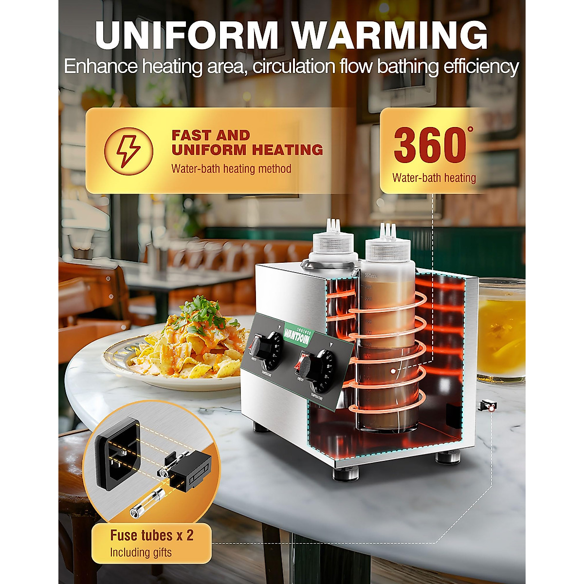 WantJoin Electric Sauce Warmer Dispenser - Countertop Stainless Steel Sauce Heat Preservation Machine 320W Hot Fudge Nacho Cheese Ketchup Chocolate Warmer for Commercial with 650ml Squeeze Bottle*2