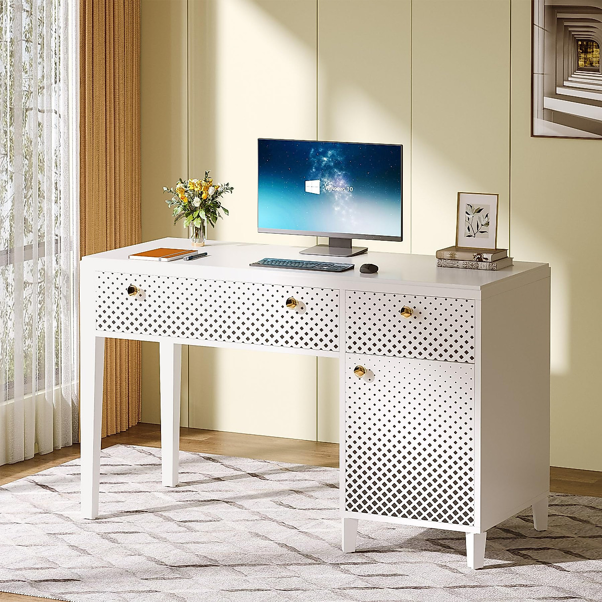 Tribesigns Computer Desk with Drawers, 47 Inches Home Office Desk with Storage Cabinet, Modern Study Writing Desk Makeup Vanity Table for Bedroom, White