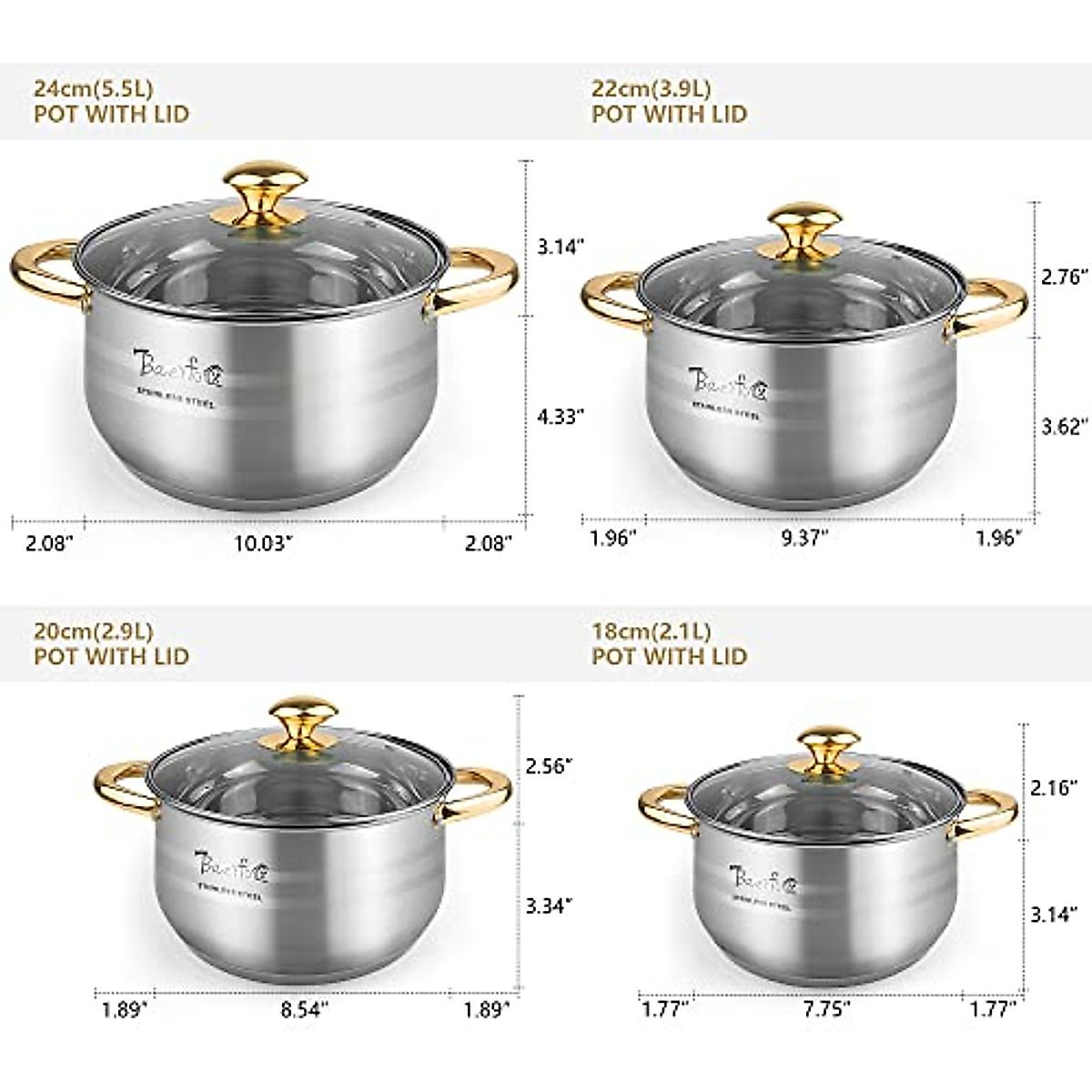BAERFO Pots and Pans Set -8 Piece Stainless Steel Kitchen Cookware Set,Pots and Pans Set Nonstick cooking sets，suitable for Gas, Electric & Induction, Dishwasher Safe