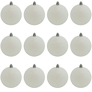 White Snowball Ornament (12 Pack) Large 3.15" Glitter Snow Ball Iridescent Christmas Ornaments Set for Christmas Tree Decoration, Shatterproof Plastic Set of 12, by 4E's Novelty