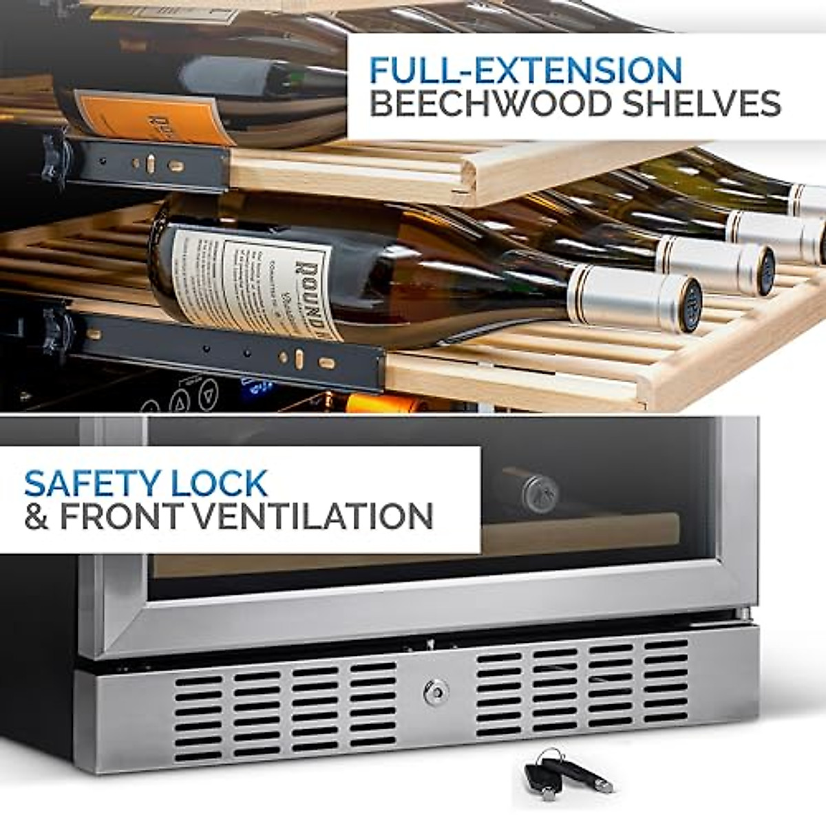 NewAir 24" Wine Cooler Refrigerator, Large 160 Bottle Built-in or Freestanding Dual Zone Wine Cellar in Stainless Steel with Precision Thermostat, and Full Extension Beechwood Shelves