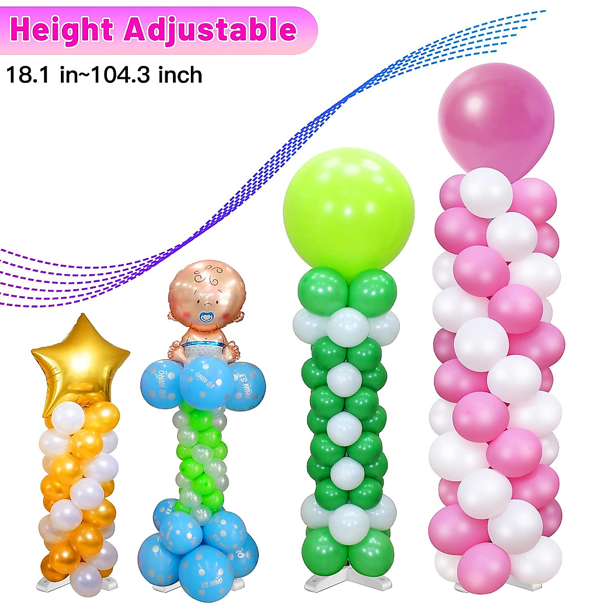 Toosci 2 Sets Adjustable Balloon Column Stand Kit, Metal 9 Feet Balloon Stands for Floor, Balloon Tower Decorations for Baby Shower Graduation Birthday Wedding Party