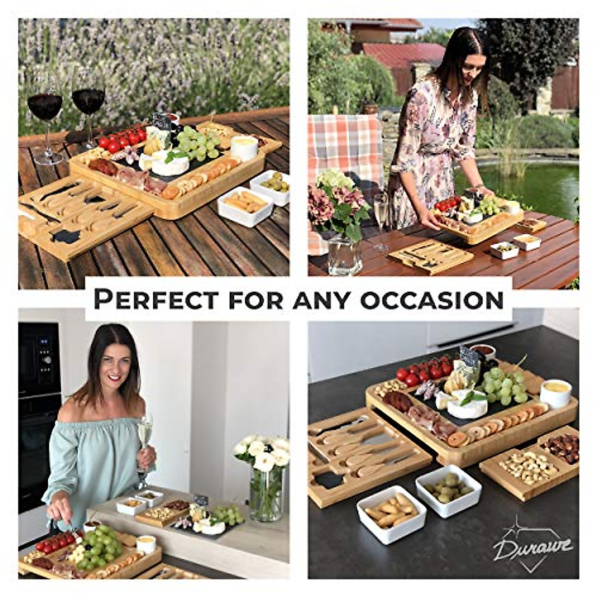 Bamboo Cheese Board and Knife Set Ceramic Bowls Wine Opener - 100% Organic Wood Serving Tray Charcuterie Board Perfect Choice for Gourmets, Birthday Presents, Wedding Gifts, Mothers & Housewarming