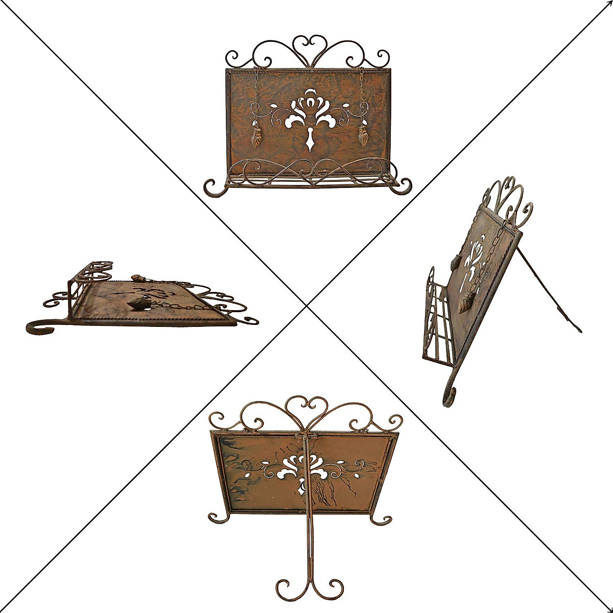 Westcharm Holiday Gift - Antique Metal Kitchen Cookbook Stand, Recipe Book Holder, iPad Holder, Cookery Book Easel with Weighted Chains, Rustic Dark Brown