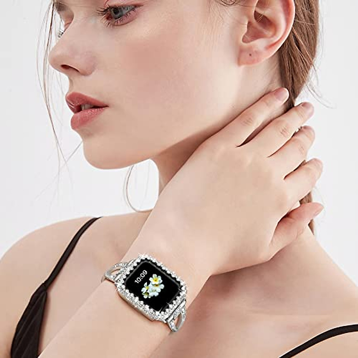 Bling Bumper Case Compatible with Apple Watch Series 6 5 4 Se 44mm,Diamond Protective Face Cover for Women,Hard PC Frame Protector for iWatch 44mm Silver
