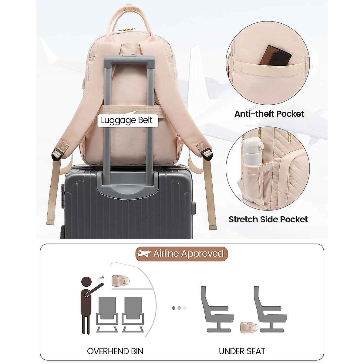 LOVEVOOK Laptop Backpack for Women, Large Capacity Travel Backpack with Luggage Strap, Stylish Women Backpack with USB Port, Waterproof Quilted Work Backpack for College Business 15.6 Inch, Beige