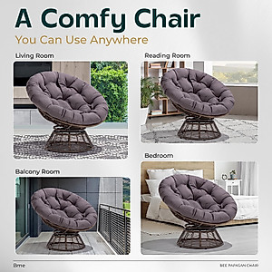 Bme 40" Ergonomic Wicker Papasan Chair with Soft Thick Density Fabric Cushion, Bee-Designed Base, High Capacity Steel Frame, 360 Degree Swivel for Living, Bedroom, Reading Room,...