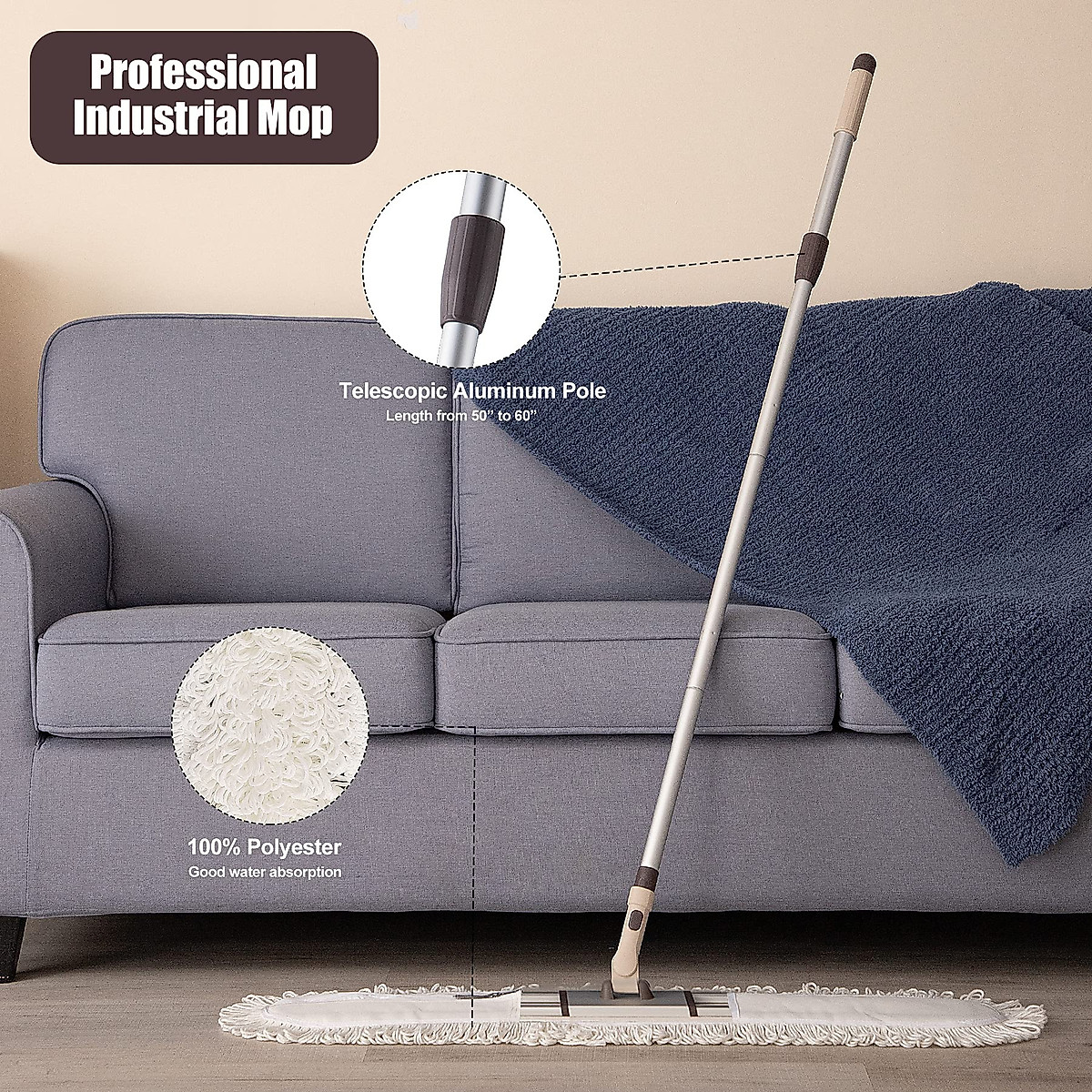 Eyliden 36" Residential Commercial Dust Mop, 4 Pads Professional Class Industrial Mops Broom, No Rust - Full Aluminum Mopping with Telescopic Handle, 2pcs Cotton and 2pcs Microfiber Pad (White, 36")