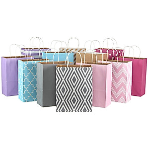 Hallmark 12" Large Paper Gift Bag Assortment, Pack of 12 in Pastel Pink, Lavender, Blue, Grey, Kraft - Solids and Patterns for Birthdays, Easter, Mother's Day and More