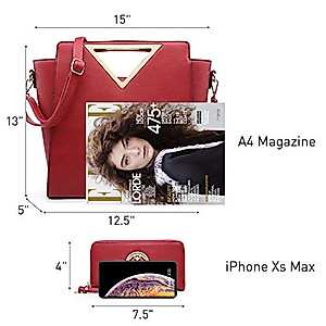 Women Handbag Cut Out Triangle Top Handle Bag Large Fashion Tote Satchel Work Purse (7464 Burgundy + Matching Wallet)