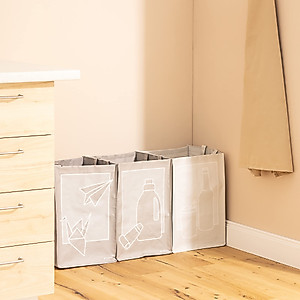 Navaris Recycle Bag Set (3 Pieces) - Reusable Recycling Bags to Separate Paper, Plastic, Glass - Recycling Bins Sorter Bin Organizer Kitchen - Gray