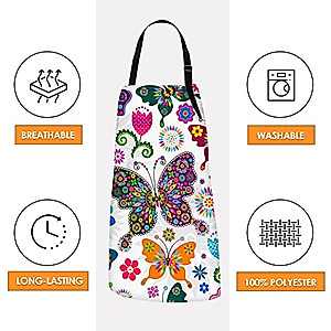 Britimes Apron Home Kitchen Cooking Baking Gardening for Women Men With Pockets Floral Colorful Butterflies Flowers Romantic 32x28 inch