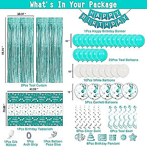Birthday Decorations Girls Teal Happy Birthday Balloons for Women Birthday Party Decor for 10th 13th 16th 18th 20th 21st 25th 30th 35th 40th 50th 60th with Rain Curtains Tablecloth Swirl Pendants