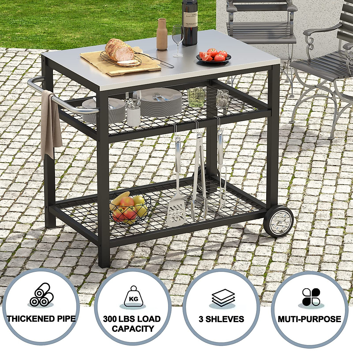 Movable Food Prep and Work Cart Table Stainless Steel Grill Cart Modular Table with Wheels and Handle Double-Shelf Commercial Kitchen Table Heavy Duty Grill Cart Outdoor Cart