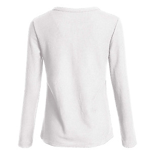 Famulily Women's Waffle Knit Long Sleeve Shirt Loose V Neck Thermal Tops and Bloue White Large