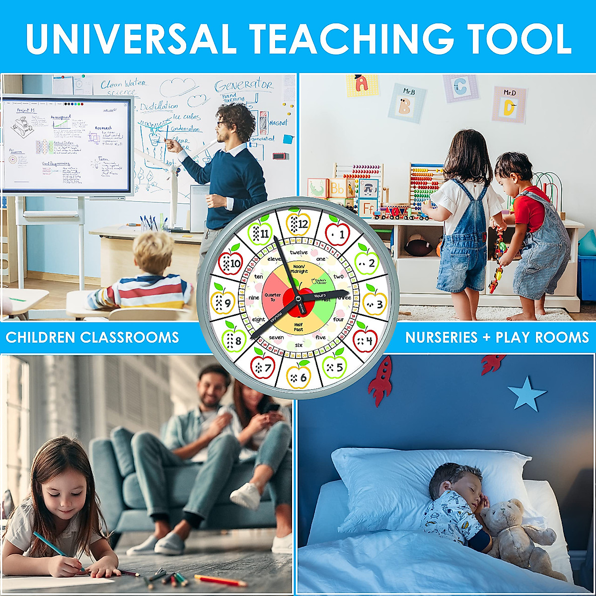 Educational Wall Clock - Silent Movement Time Teaching Clock for Teacher's Classrooms and Kid's Bedrooms (Silver/Multicolor Apple)
