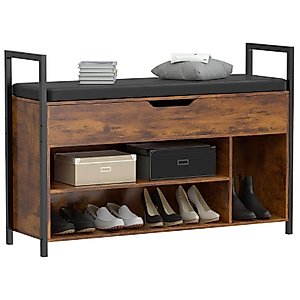 Visiblesser Shoe Storage Bench with 3 Drawers, Vintage Brown Entryway Shoe Bench with Top Lift Storage Boxes, Metal and Wood Storage Bench for Entryway,Hallway, Living Room,Bedroom