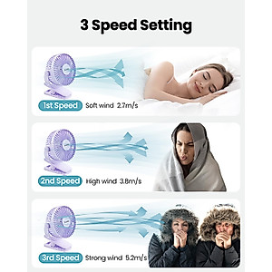 Gaiatop Portable Clip on Fan Battery Operated, Small Powerful 3 Speed Quiet 360° Rotate, USB Rechargeable Mini Personal Cooling for Desk Table Home Office Stroller Camping Purple