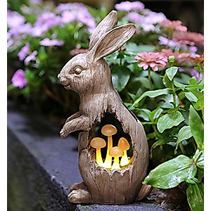 Joyathome Solar Garden Bunny Statues Rabbit with Mushroom Figurine, Solar Powered Resin Animal Sculpture Outdoor Lights for Patio Lawn,Yard ATR Garden Sculpture Decorations,11.7”H