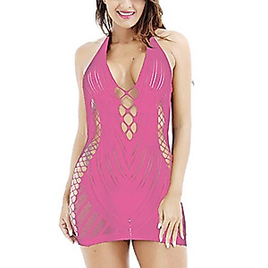 Vorifun Women Fishnet Lingerie See Through Sleepwear One Piece V-Neck Babydoll Mini Dress One Size (Pink)