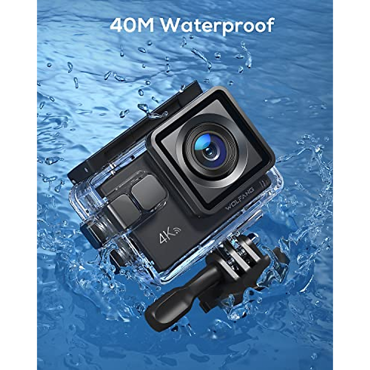 WOLFANG GA100 Action Camera 4K 20MP Waterproof 40M Underwater Camera EIS Stabilization WiFi 170° Wide Angle Helmet Camera (External Microphone, Remote Control, 2 Batteries and Accessory Kit)