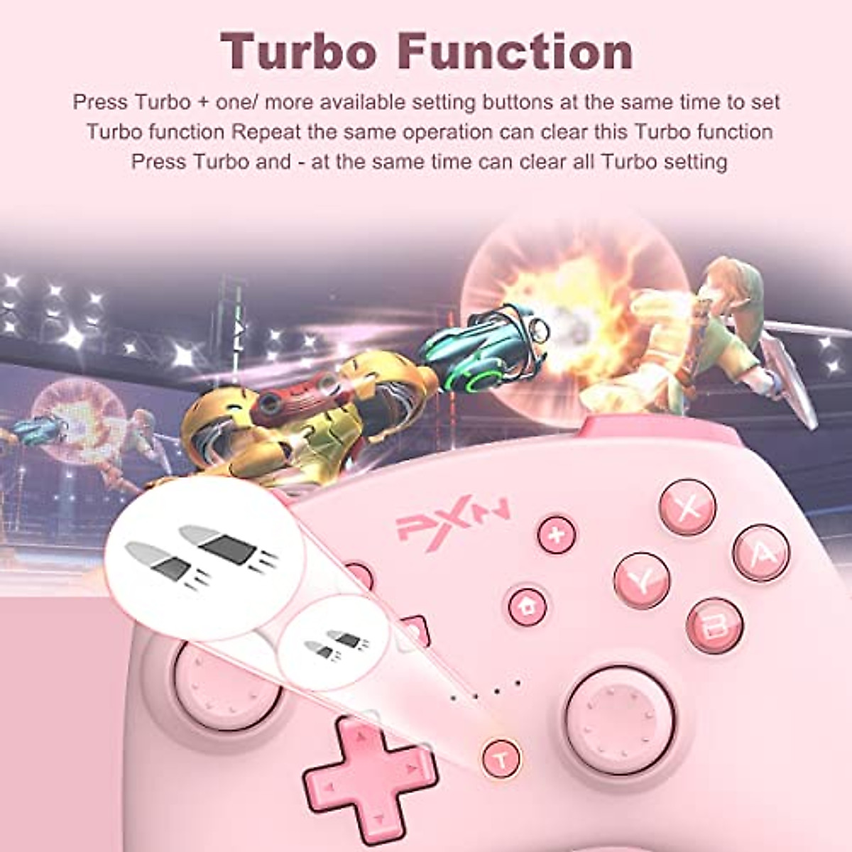 PXN Wireless Switch Controller for Nintendo Switch/Switch Lite/OLED, Support iOS(16 Version Only) Switch Pro Controller with Turbo, Wake-up, NFC, Motion, Vibration Wireless Switch Controller-Pink