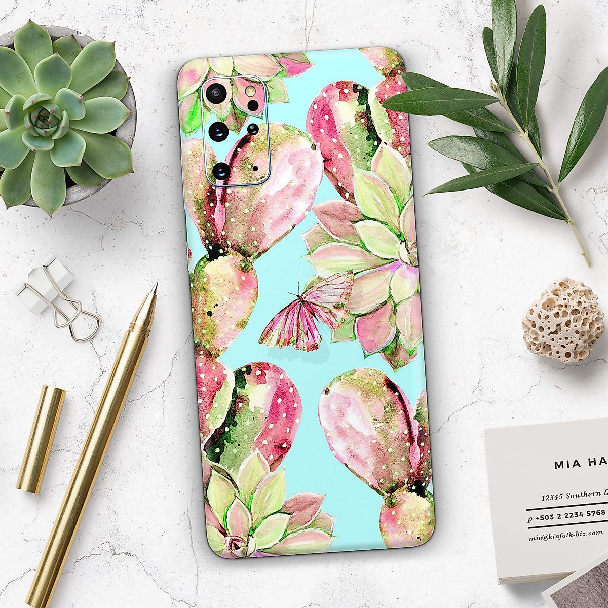 DesignSkinz Watercolor Cactus Succulent Bloom V3 Protective Vinyl Decal Wrap Skin Cover Compatible with The Samsung Galaxy S20 (Screen Trim & Back Glass Skin)