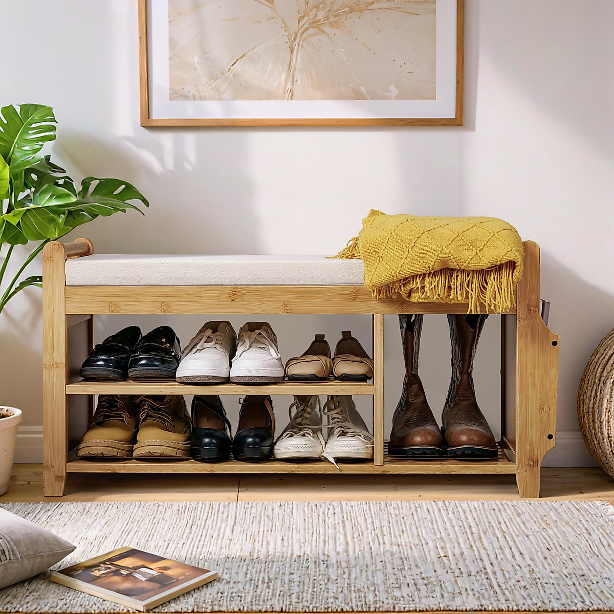 YESHOMY 2 Tier Shoe Rack Bench with Hidden Drawer and Side Holder, Bamboo Storage Organizer for Entryway Hallway Living Room, Nature