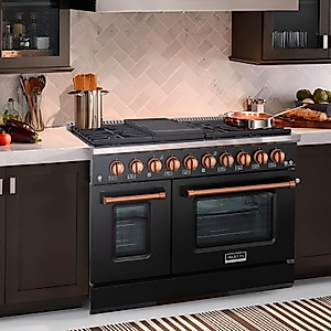 Akicon 48" Slide-in Freestanding Professional Style Gas Range with 6.7 Cu. Ft. Oven, 8 Burners, Convection Fan, Cast Iron Grates, & Blue Porcelain Oven Interior, In Black with Copper