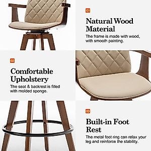 WUPOTO Bar Stools Set of 2, Upholstered Faux Leather Counter Height Bar Stools, Swivel Barstools with Wooden Arms and Legs (Beige, 30" Seat Height)