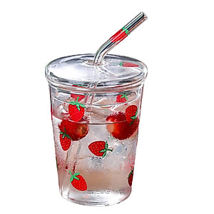 Cute Glass Cups With Lids And Straws, 300ml Strawberry Glass Cup, Heat Proof Cute Strawberry Mug Kawaii Cup, For Home Office