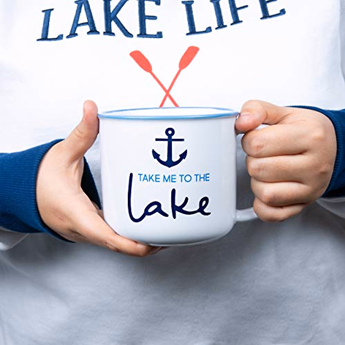 Pavilion Gift Company Large 17 Oz Stoneware Coffee Cup Mug Take Me To The Lake, Blue
