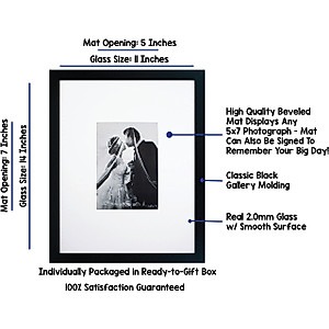 11x14 Black Gallery Picture Frame with 5x7 Mat - Great Gift - Mat for Wedding and Celebration Signatures - Includes Attached Hanging Hardware and Desktop Easel - Display Pictures 5 x 7 or 11 x 14