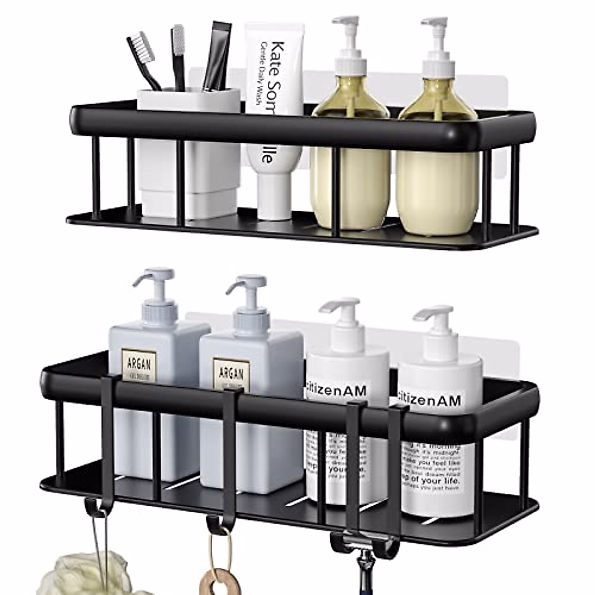 Midphorn 2-Pack Adhesive Shower Caddy, No Drilling Shower Shelf with Hooks Rustproof Wall Mounted Shower Organizer for Inside Shower Bathroom Storage Shampoo Holder, Matte Black
