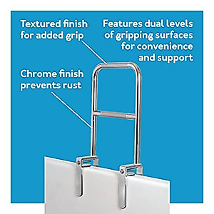 Carex Tri-Grip Bathtub Rail with Chrome Finish - Bathtub Grab Bar Safety Bar For Seniors and Handicap - For Assistance Getting In and Out of Tub, Easy to Install on Most Tubs,Silver