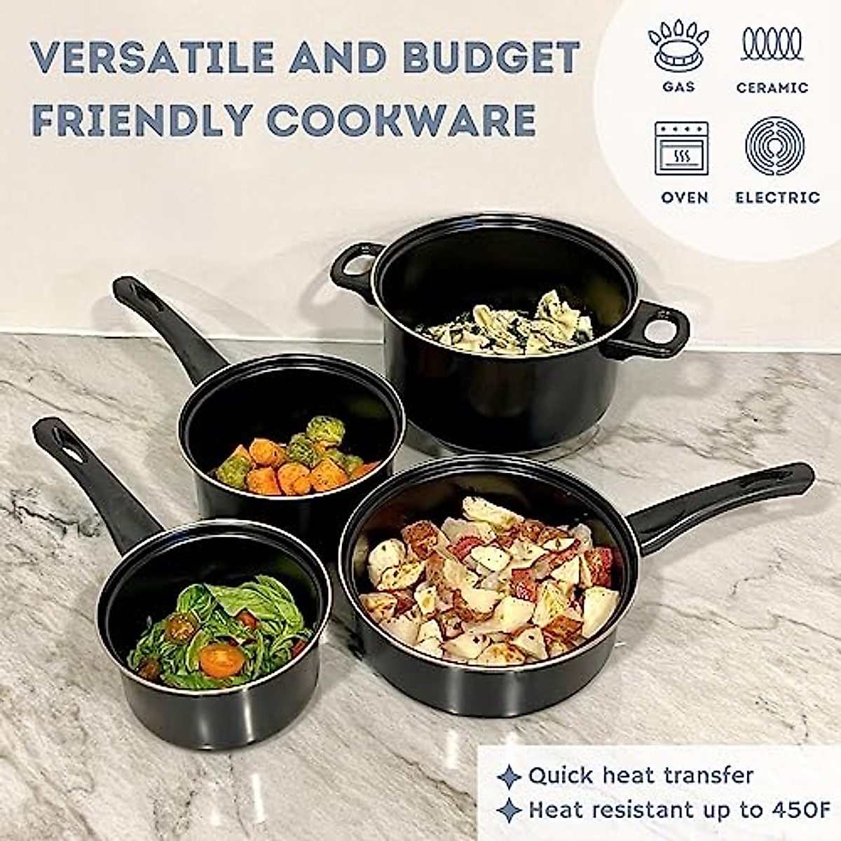 Imperial Home 7 Pc Carbon Steel Nonstick Cookware Set, Pots & Pans Set, Dishwasher Safe Cookware Set, Cooking Set, Kitchen Essentials (Black)
