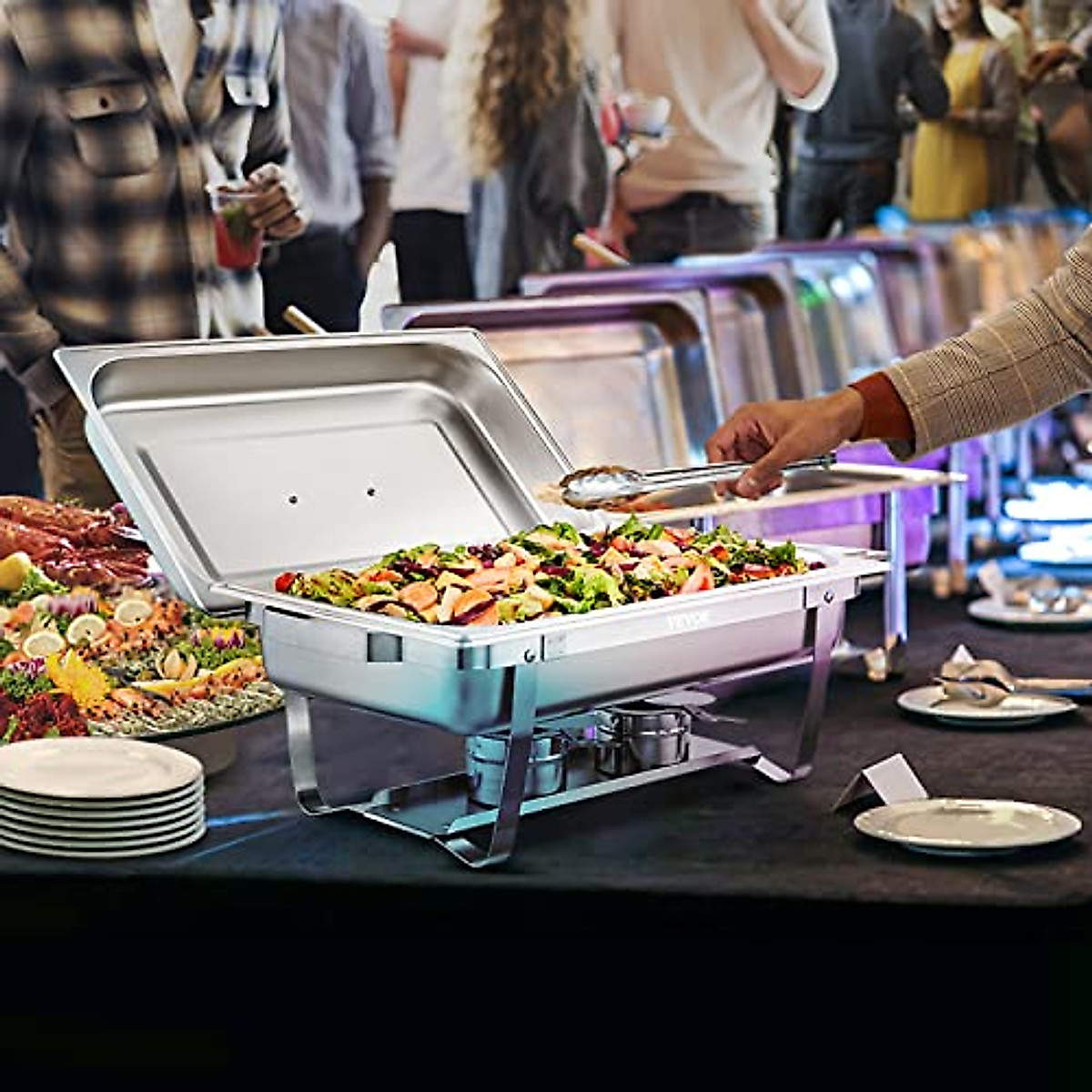 VEVOR Chafing Dish Buffet Set, 2 Pack 8 Qt, Stainless Chafer w/ 2 Full & 4 Half Size Pans, Rectangle Catering Warmer Server w/ Lid Water Pan Folding Stand Fuel Tray Holder Clip, at Least 8 People Each