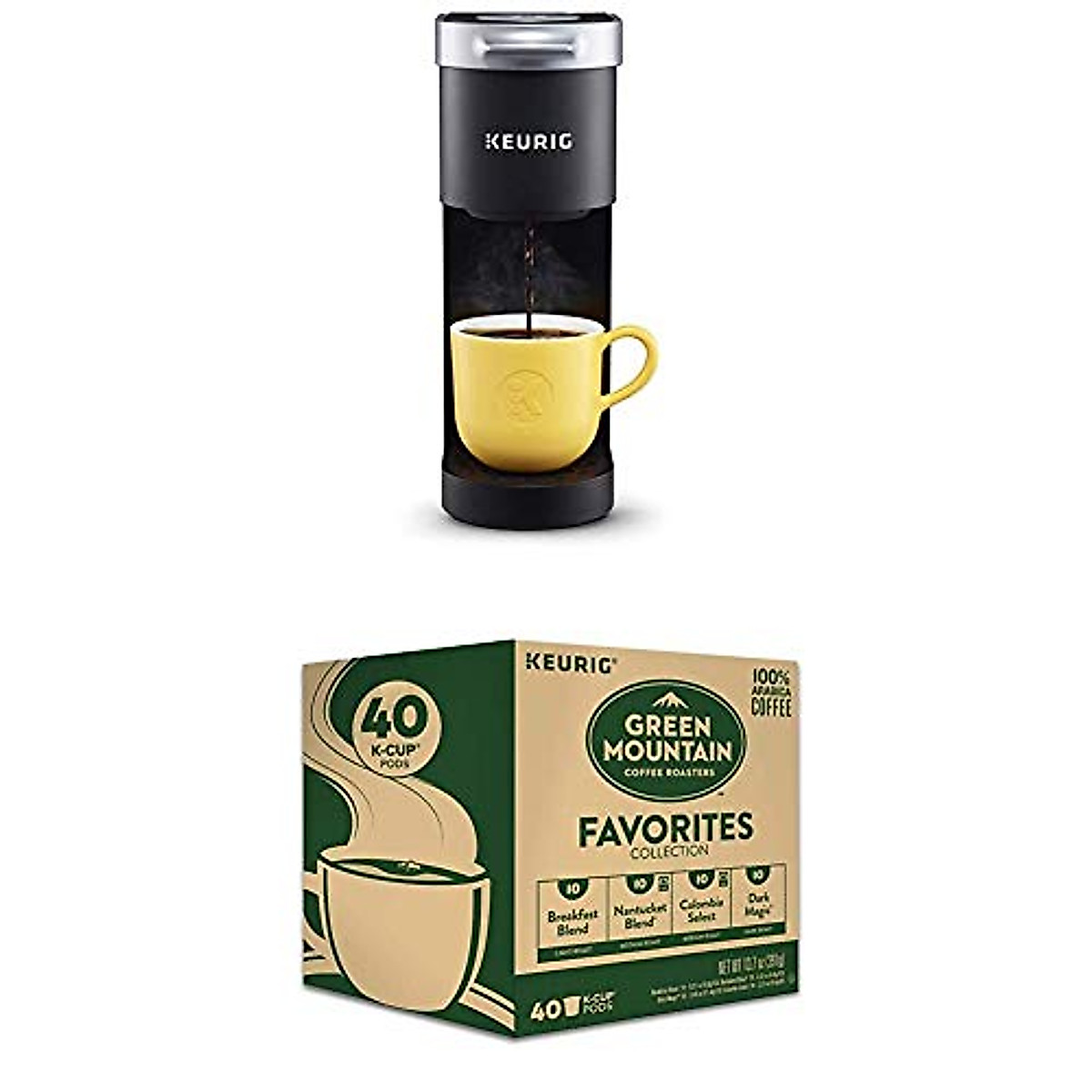 Keurig K-Mini Coffee Maker, Single Serve K-Cup Pod Coffee Brewer, 6 to 12 oz. Brew Sizes, Black With Mountain Coffee Roasters Favorites Collection Variety Pack, 40 Count