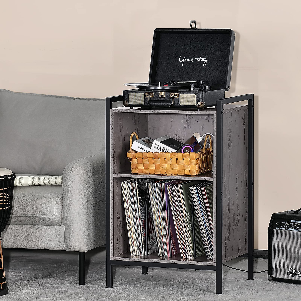 LELELINKY Turntable Stand, 3-Tier Record Player Stand, Vinyl Record Storage Cabinet with Metal Frame Holds Up to 180 Albums, Grey Record Table with Handle for Living Room, Bedroom, Office