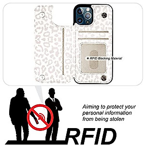 HAOPINSH for iPhone 12/12 Pro Wallet Case with Card Holder, White Leopard Cheetah Pattern Back Flip Folio PU Leather Kickstand Card Slots Case for Women Girls, Double Magnetic Clasp Shockproof 6.1"