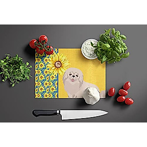 Caroline's Treasures WDK5456LCB Summer Sunflowers White Pekingese Glass Cutting Board Large Decorative Tempered Glass Kitchen Cutting and Serving Board Large Size Chopping Board