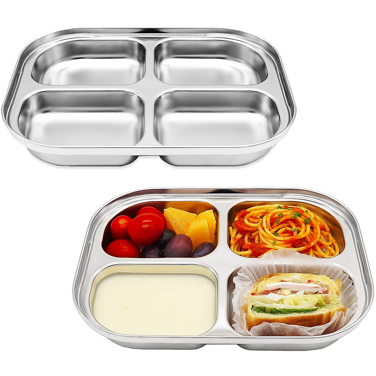 Korean Stainless Steel Divided Plates by KS&E, Little Kids Toddlers Babies Tray, BPA Free, Diet Food Control, Compact Serving Platter, Dinner Snack, 4 Compartment Plate Silver, Set of 2