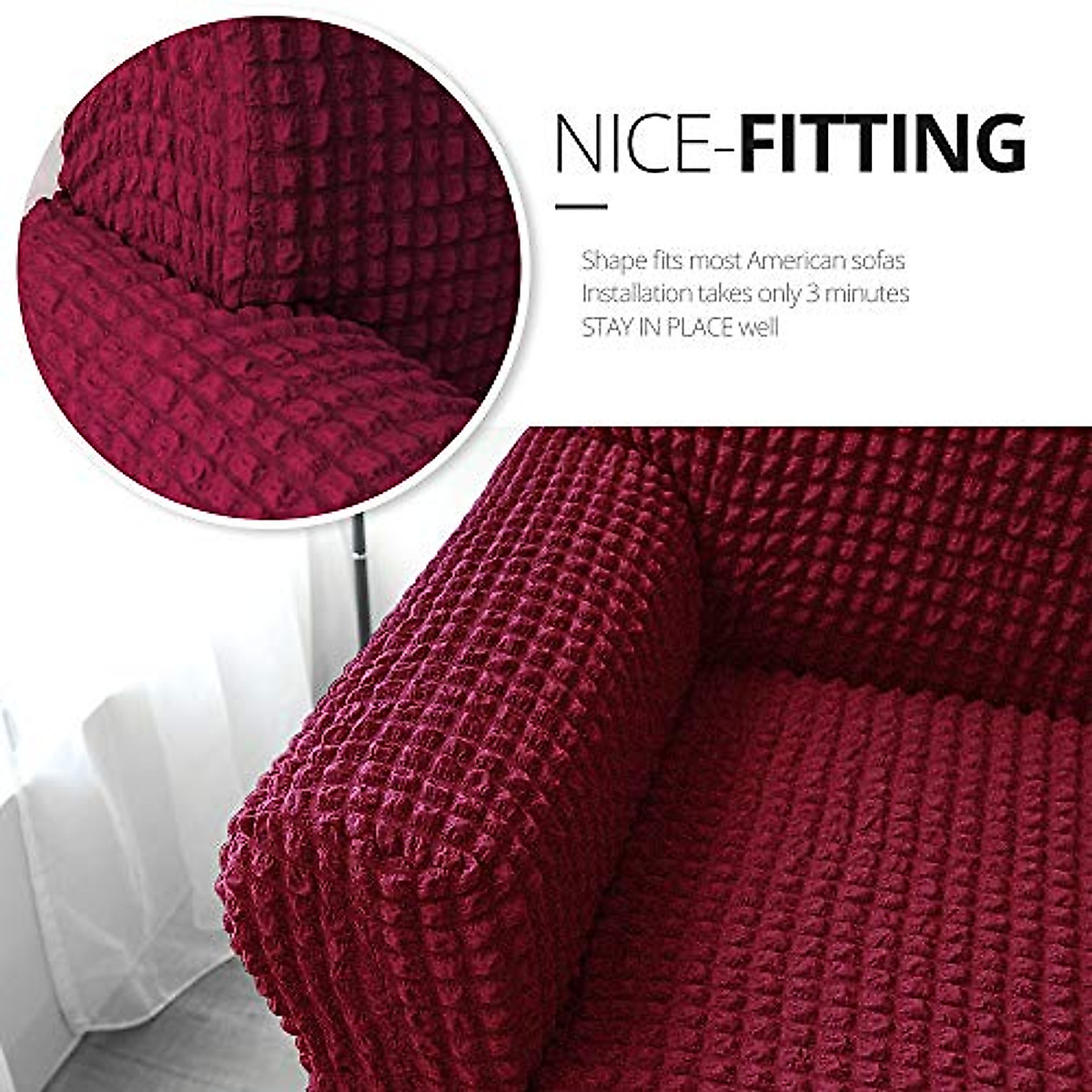 NICEEC Sofa Slipcover Red Sofa Cover 1 Piece Easy Fitted Sofa Couch Cover Universal High Stretch Durable Furniture Protector with Skirt Country Style (3 Seater Wine Red), Large