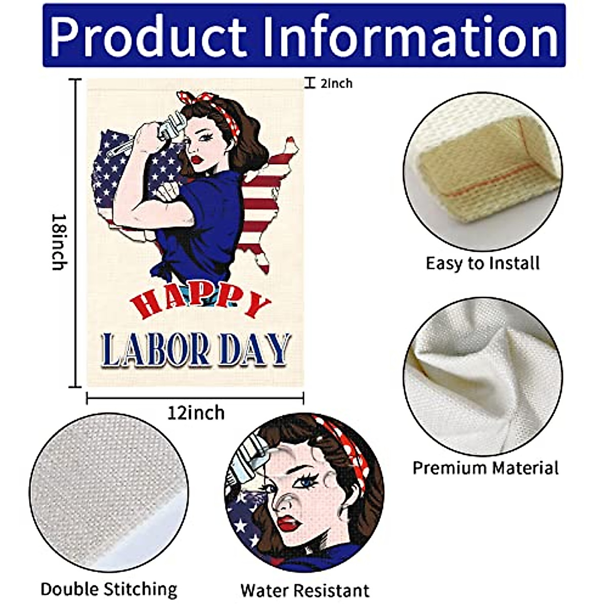 Happy Labor Day Garden Flag Celebrate Labor Day Woman Working Patriotic USA Flags 12 x 18 Double Sided Burlap Banner for Home House Outdoor Garden Yard Lawn Decor(ONLY FLAG)