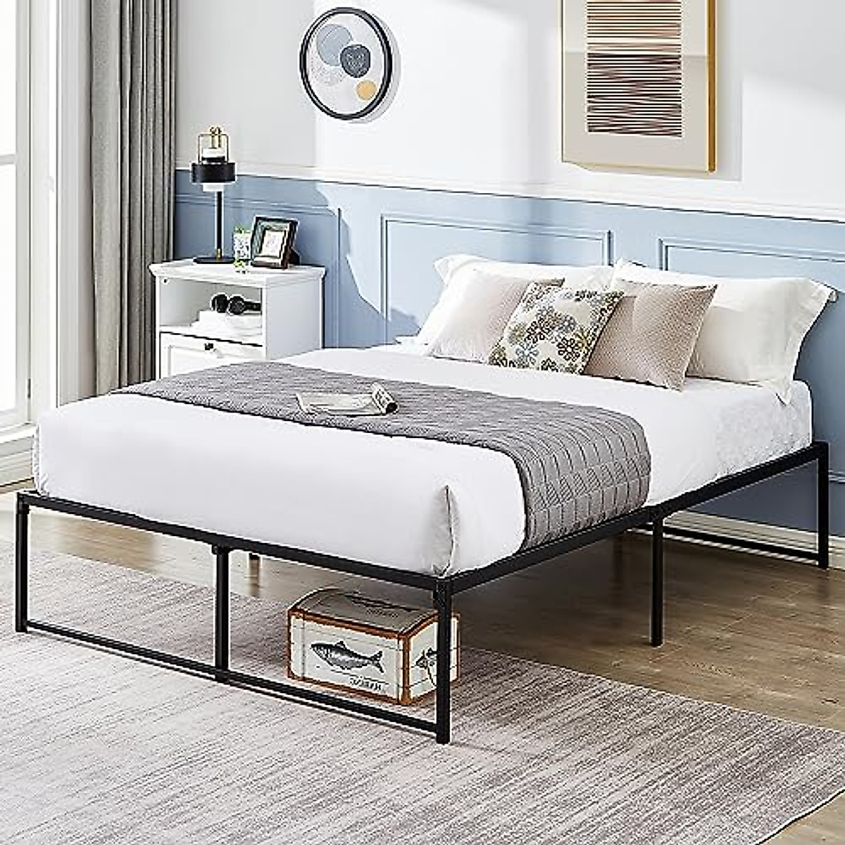 VECELO 16" Metal Platform Tall Bed Frame,Mattress Foundation/No Box Spring Needed/Heavy Duty Steel Slat Support (Full Size)