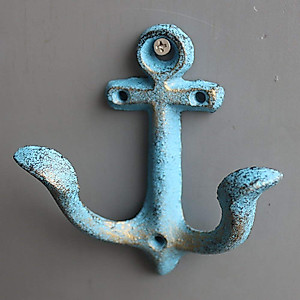 realideas Blue Rustic Cast Iron Nautical Anchor Design Wall Hooks Coat Rack Antique Shabby Chic Bathroom Towel Hook Key Holder