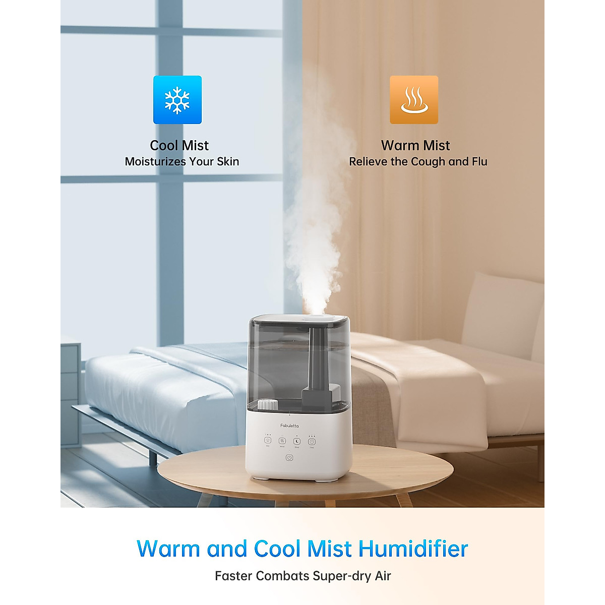 FABULETTA Humidifiers for Bedroom, Warm and Cool Mist Humidifier Large Room for Home, 4.5L Top Fill Room Humidifier with 45H Runtime, 3 Mist Levels, Essential Oil Diffuser, Quiet Sleep Mode ＆ Timer