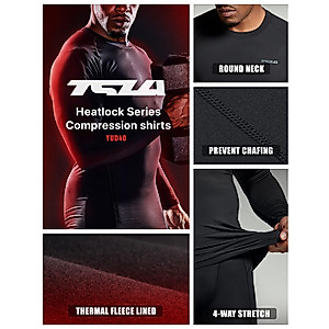 TSLA Men's Thermal Long Sleeve Compression Shirts, Athletic Base Layer Top, Winter Gear Running T-Shirt, Heat Core 2pack Black/Charcoal, Medium