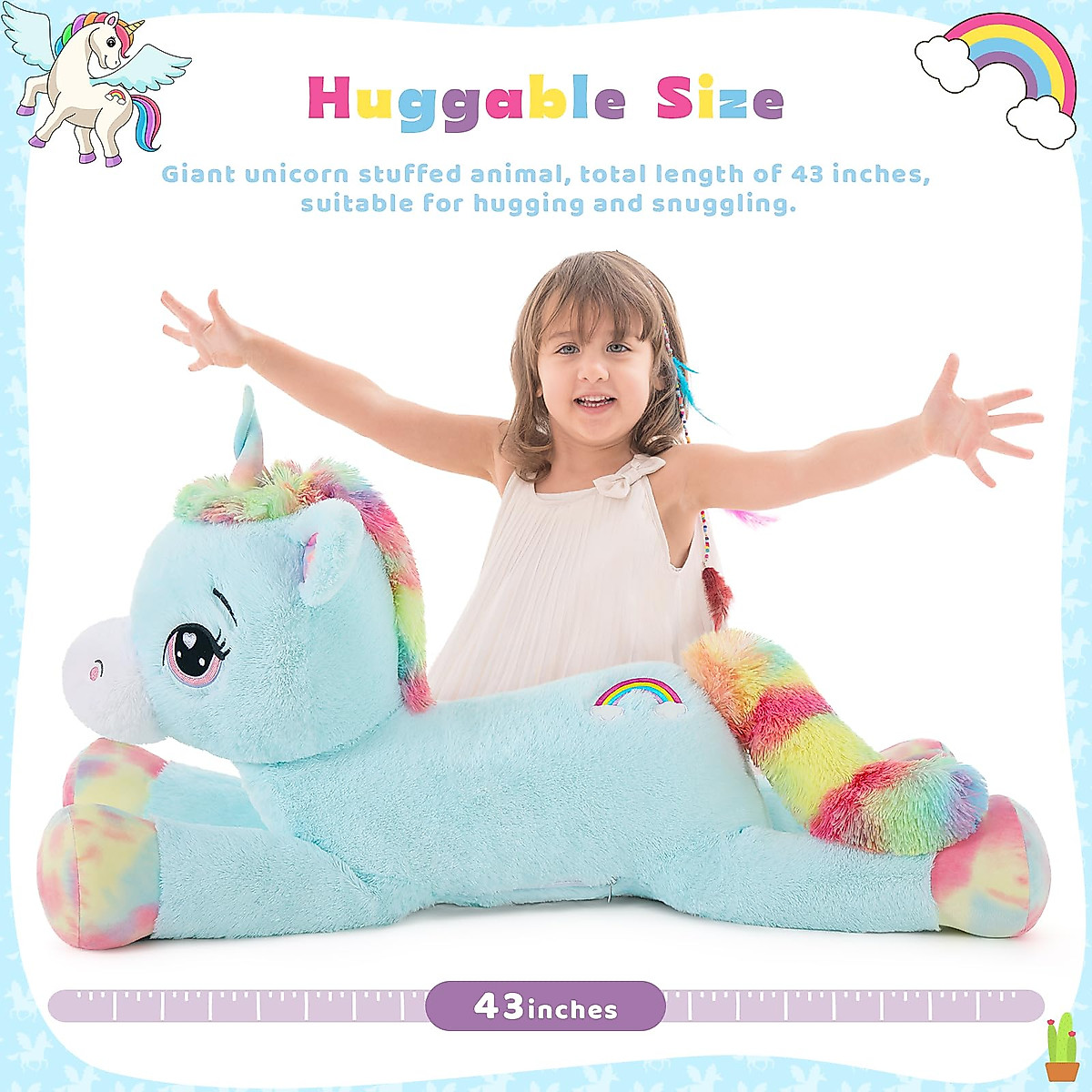 Tezituor 43" Big Unicorn Stuffed Animal, Cute Plush Toy Gift for 3-8 Years Old Girls, Large Soft Stuffed Unicorn Pillow, Gift for Christmas Birthday Valentine's Day (Blue)